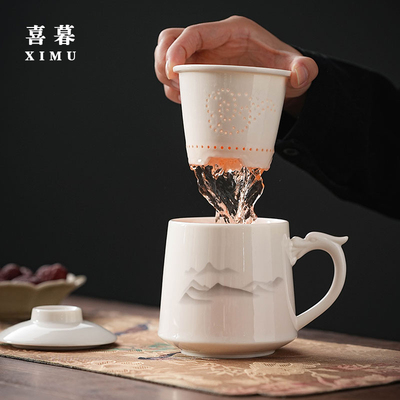 羊脂玉水杯陶瓷茶水分离办公泡茶杯过滤带盖大容量个人专用马克杯