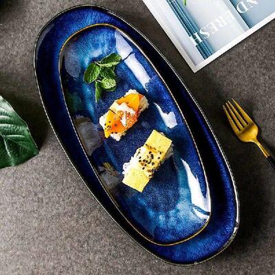 Japanese Style Kiln Cat Tye Blue Fish Plate Serving Platter