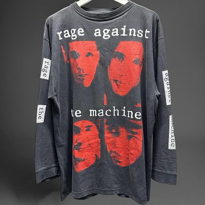 Rage Against the Machine乐团大印花Vintage水洗做旧重磅长袖T恤