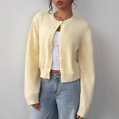 欧美风新款时尚休闲宽松圆领针织单排扣开衫毛衣Cardigan sweater