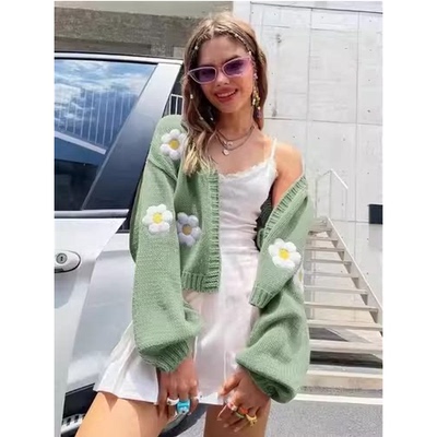 Flower pattern knitted cardigan sweater short jacket