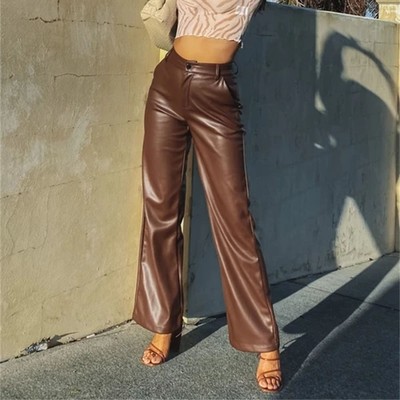 皮裤Casual high waist straight tube women's leather pants