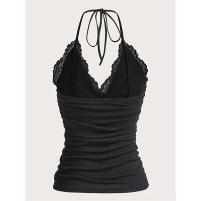 Goth Grunge Punk Black Lace Patchwork Halter Top Women Summe