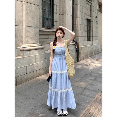 法式甜美蓝色吊带无袖连衣裙女装