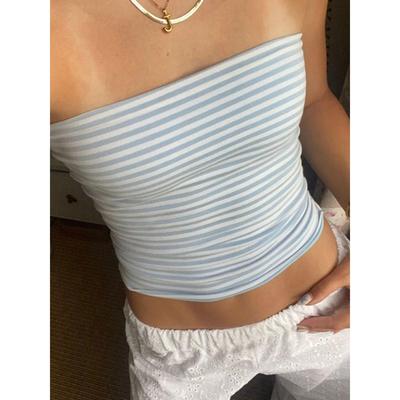 Striped strapless chest hugging top 条纹无肩带裹胸背心上衣女