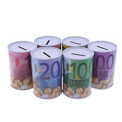 Creative Tinplate Cylinder Piggy Bank Euro Dollar Picture Bo