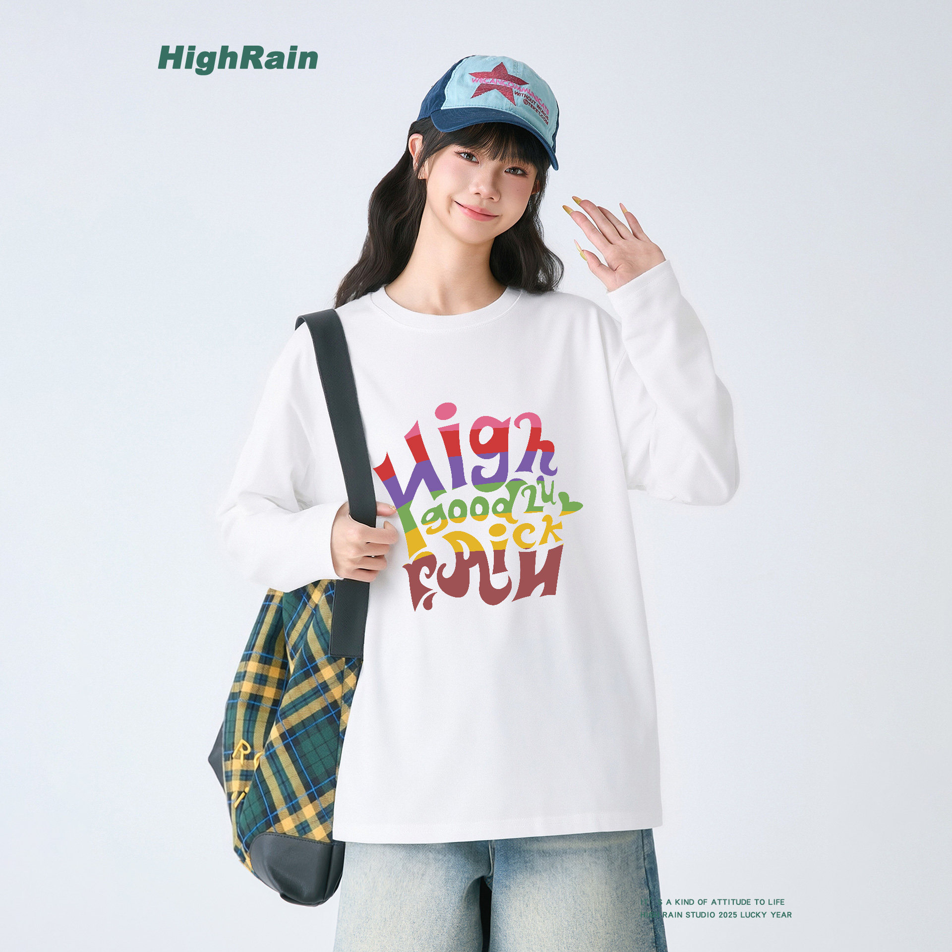 HighRain长袖T恤女春秋新款彩色字母印花goodluck好运宽松上衣
