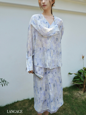 宽松仙气V领长袖水墨印花