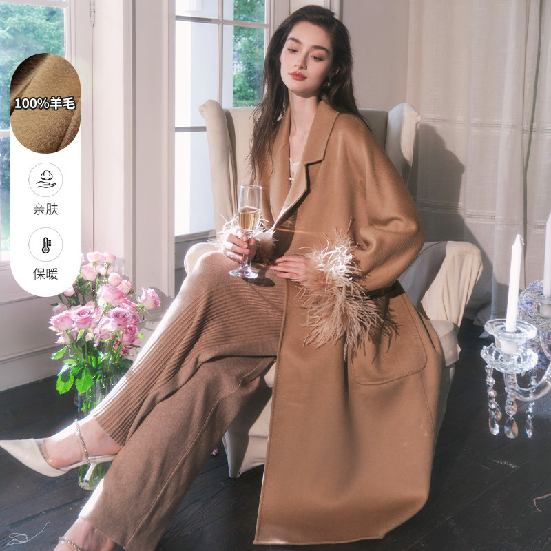 FLONAKED美拉德鸵鸟毛袖口双面毛呢系带大衣外套小众设计