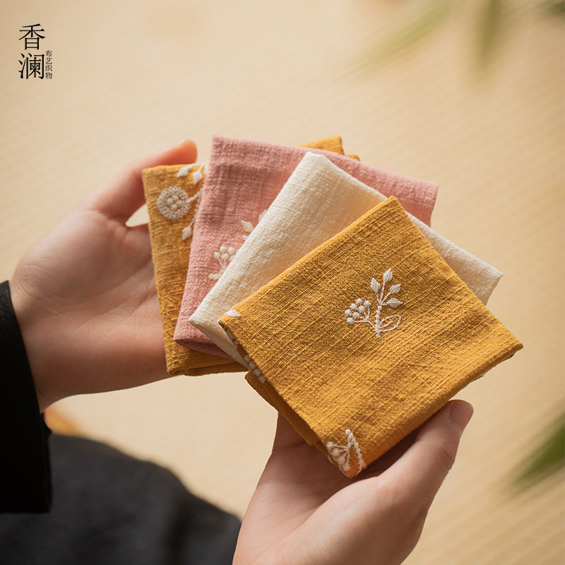 手工纯棉绣花茶巾田园风吸水小茶布茶桌方巾壶垫杯垫中式茶道抹布