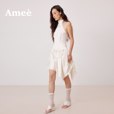 amee法式高领挂脖波点连衣裙