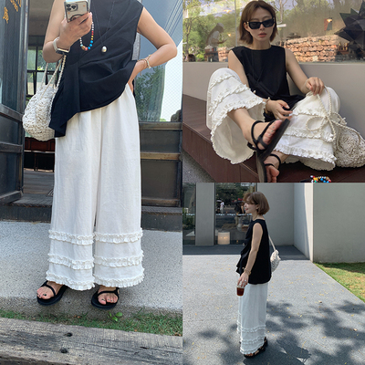 333sss 白色花边儿裤80%苎麻直筒裤松弛九分裤重工松紧腰阔腿裤女