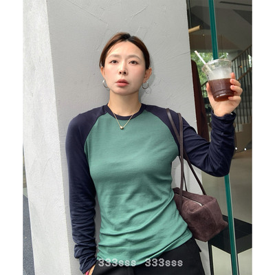 复古修身百搭拼色圆领长袖T恤