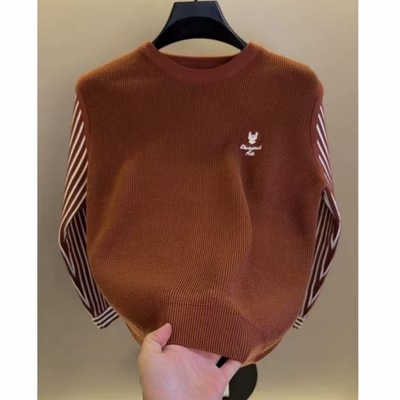 高档圆领条纹拼接针织毛衣男士秋冬保暖时尚潮流打底衫男装25869