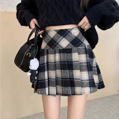 Deeptown Plaid Wool Skirt Vintage Kawaii Sweet Korean Fashio
