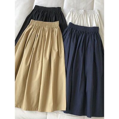 Women White Long Skirt Fashion Pockets Pleated Knee Length S