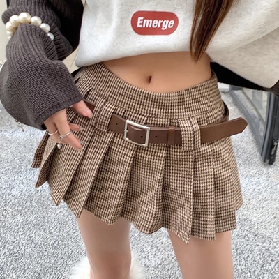 Y2K Low Rise Houndstooth Mini Skirt with Belt Woolen Pleated