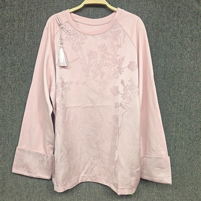 秋冬新款新中式国风长袖中长款T恤色提花圆领气质上衣1023