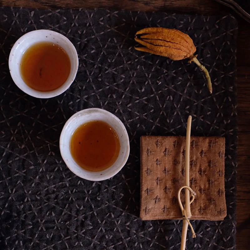 吖吥嘻嘀 纯手工刺字秀三折茶巾植染老布日式茶席功夫茶道零配件