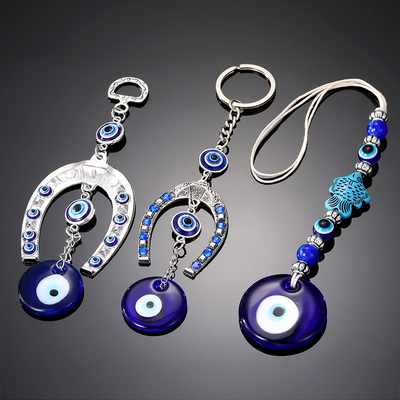 New Blue Evil Eye Horseshoe Shape Charm Keychain Keyring For