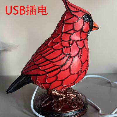 Cardinal Stained Glass Lamp树脂红鸟灯用于家庭办公室圣诞装饰