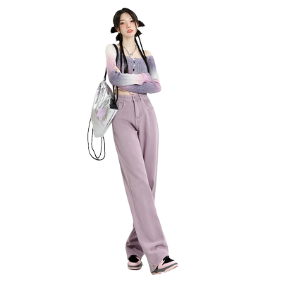 RJVO阔腿长裤紫色做旧高腰牛仔裤