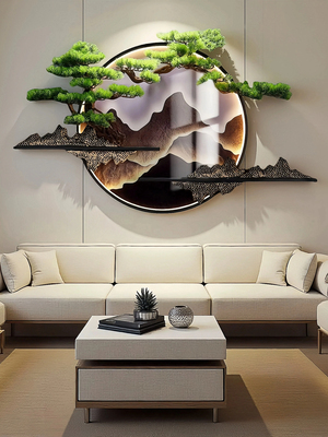 新中式玄关装饰画迎客松挂件客厅沙发背景墙壁画圆形餐厅茶室挂画