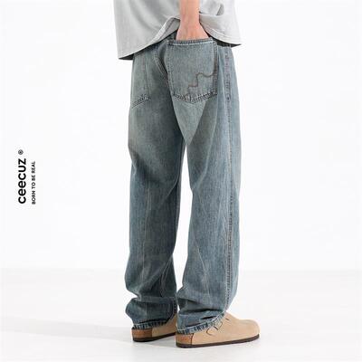 Ceecuz水洗直筒牛仔裤男美式cleanfit春季浅色拖地阔腿休闲长裤子