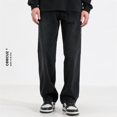 Ceecuz秋冬新款黑灰色复古水洗直筒休闲牛仔裤男款宽松阔腿长裤子