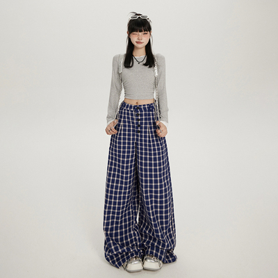 慵懒休闲长裤宽松显瘦格子设计