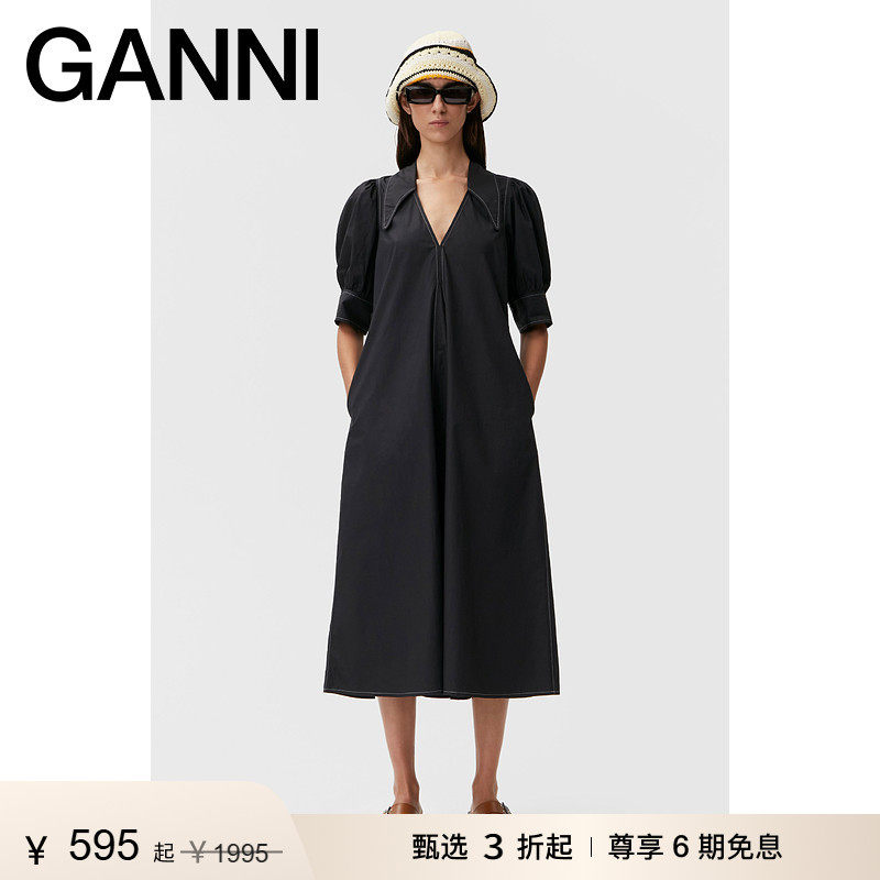 【惊喜首降】GANNI女装 v领海边度假风泡泡袖长款连衣裙 F7127099