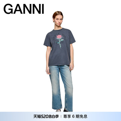 【春夏新款】GANNI女装 玫瑰标语印花宽松短袖T恤 A1050171252
