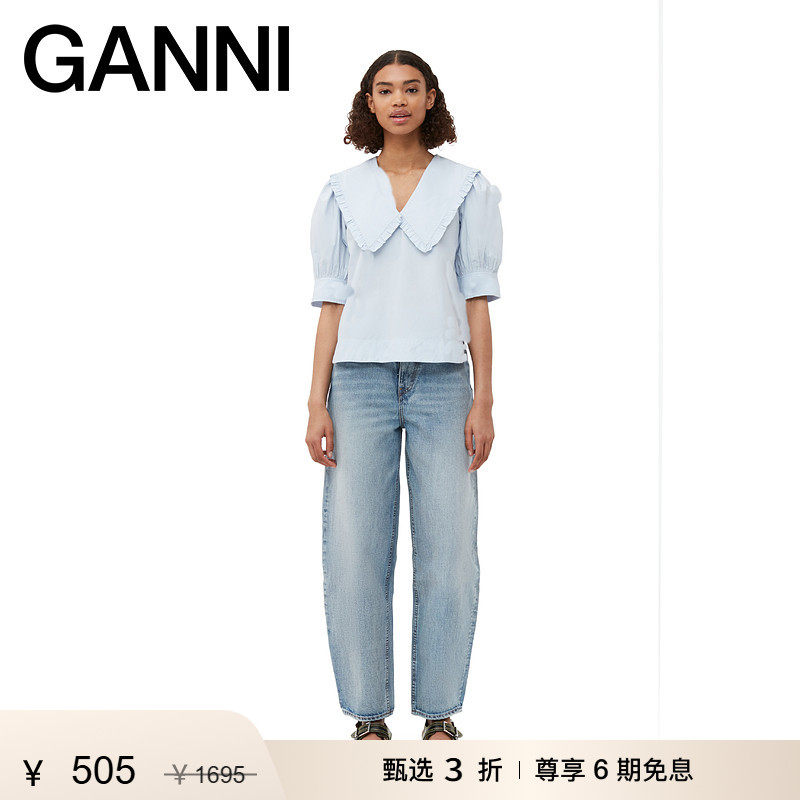【甄选折扣】GANNI女装 夏娃娃领泡泡袖短款棉府绸上衣 F8637694