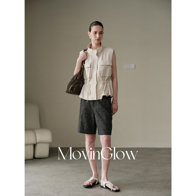 MovinGlow｜精致Tomboy 色织棉麻牛仔免洗风 高腰百慕大五分裤