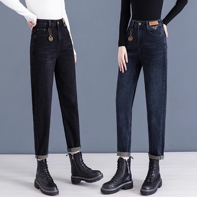 哈伦牛仔裤女春秋冬2025年新款高腰宽松萝卜裤加绒显瘦直筒老爹裤