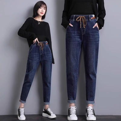休闲百搭松紧腰老爹裤子