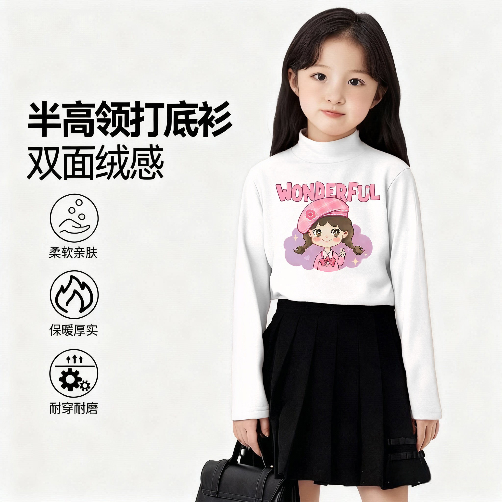 女童装德绒打底衫自发热冬新款洋气加厚加绒半高领保暖上衣服潮