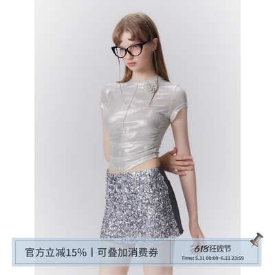 立体花朵辣妹金属感短款T恤