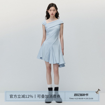 ANNATTO简约浅蓝色斜肩连衣裙女