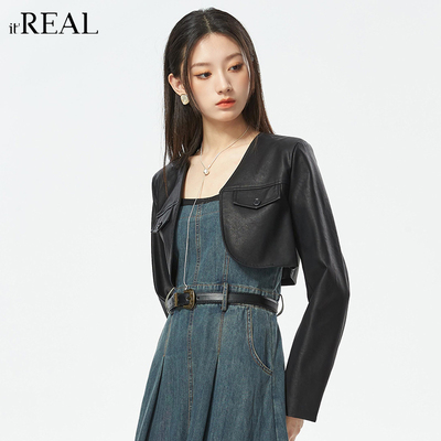 瑞尔修身复古超短款皮衣