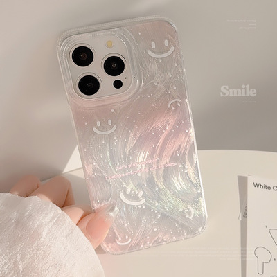 AceCase甜粉晕染笑脸手机壳适用苹果15promax羽纱iphone13防摔12少女14镭射11个性创意