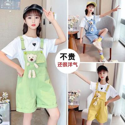 【1564人收藏】女童背带短裤夏装套装网红新款宝宝10岁女孩儿童牛