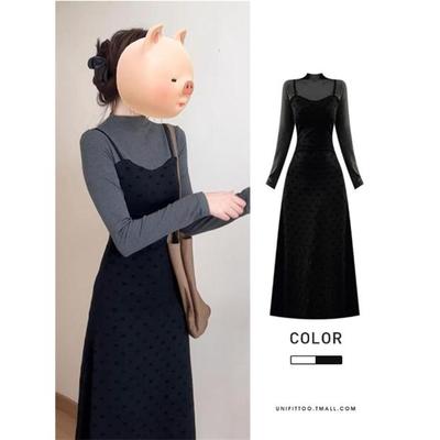 专柜假两件吊带长袖连衣裙女2025早秋季新款大方得体收腰显瘦长裙