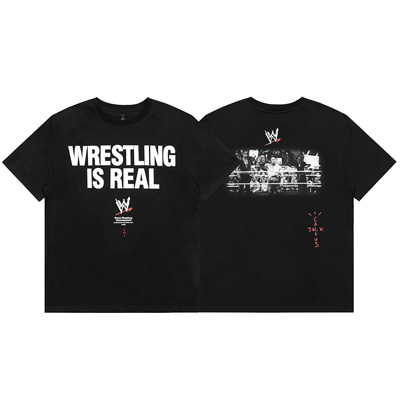 Travisscott印花短袖WWE摔跤约翰塞纳巨石强森T恤男女款街头上衣