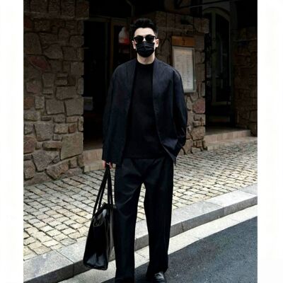 早秋款玄青极简老钱道袍开衫夹克长裤休闲男士时尚套装痞帅气质感