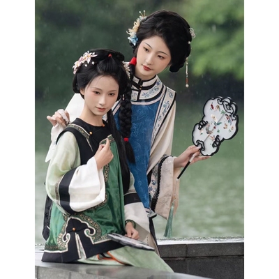 清汉女汉服印花古风氅衣民族服饰马面重工印染清代格格日常套装