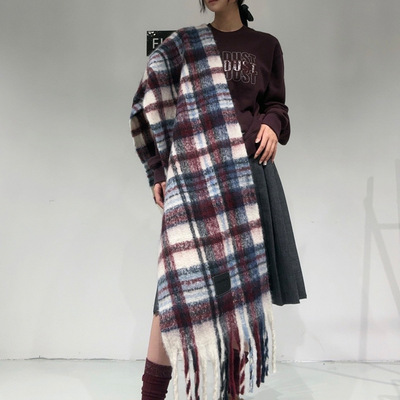 Guesswhat新款格子撞色围巾男女秋冬款加厚保暖围脖时尚流苏披肩