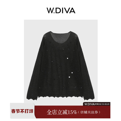 魏老板【巴黎之夜】棉V领百搭镂空编织提花套头针织衫女51Z131731