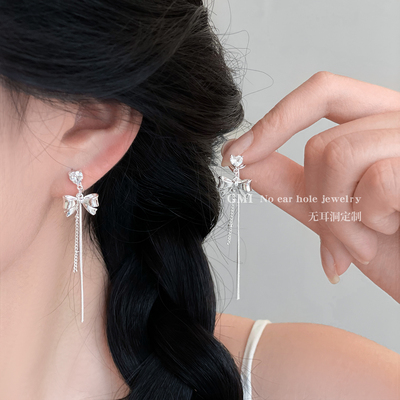 蝴蝶结流苏锆石无耳洞耳夹女生长款气质蚊香盘耳环轻奢高级感耳饰