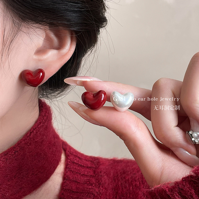 安可拉红爱心珍珠无耳洞耳夹